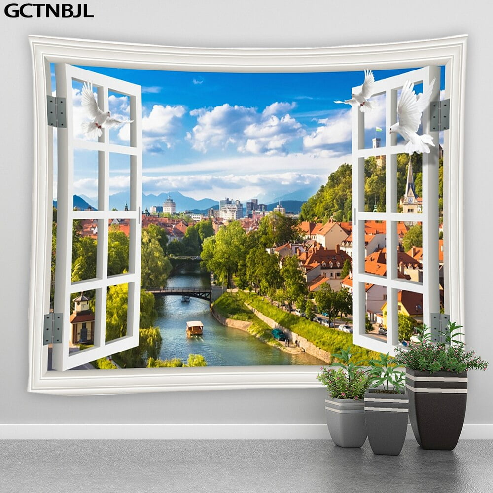 Landscape Wall Hanging Tapestry Natural Scenery Forest Trees Waterfall ...