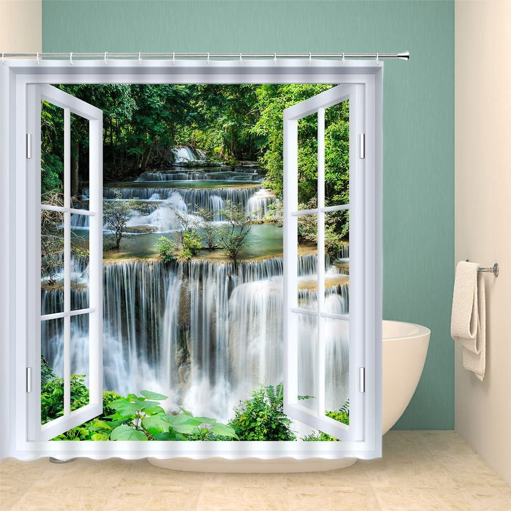 Landscape Waterfall Shower Curtain Tropical Jungle Plant Water Green ...