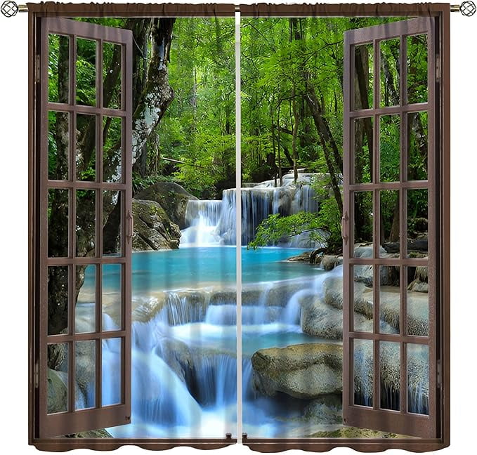Landscape Window Curtains, Forest Waterfall High Mountains Lake Rustic ...