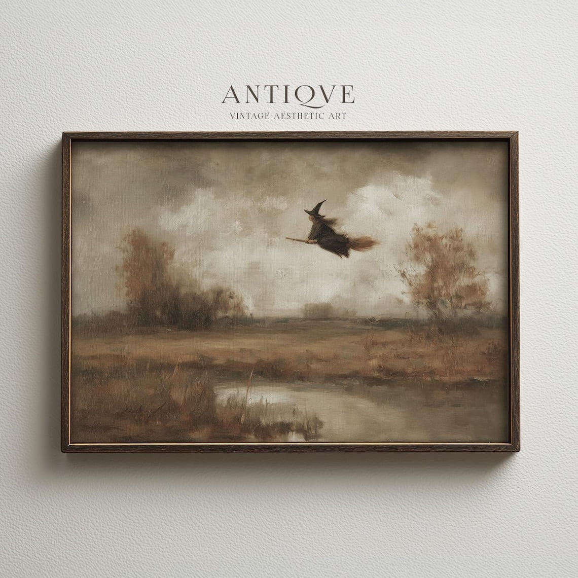 Landscape With Witch Flying On Broom, Subtle Rustic Poster, Neutral ...