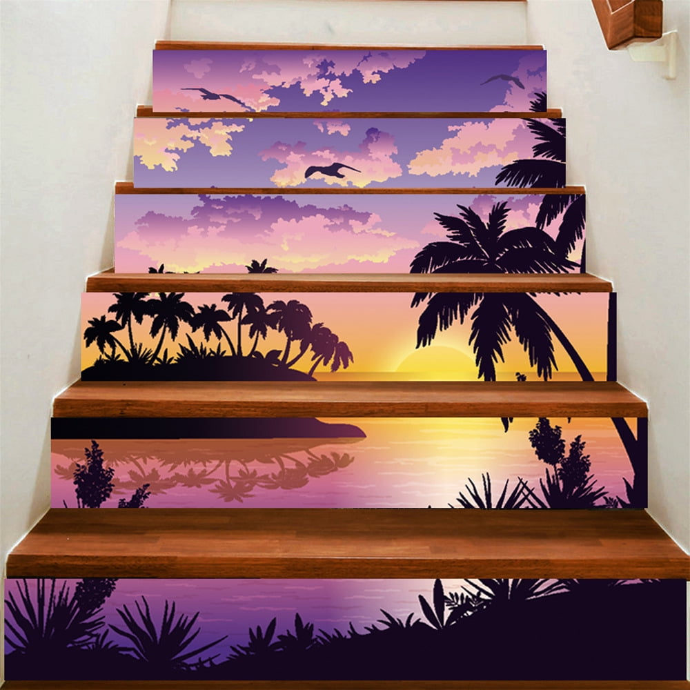 Landscape wallpaper decorator home stair decal wall blue sky flowers ...