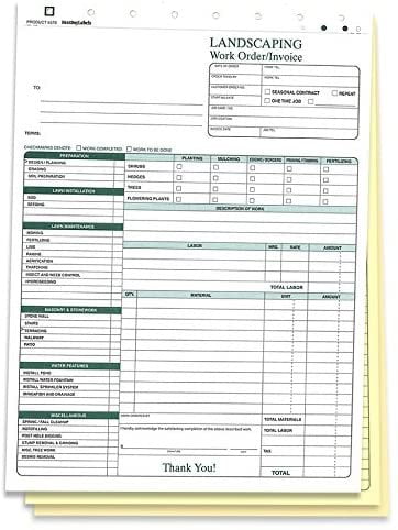 Landscaping Work Order Form/Invoice/Billing Sheets, 3 Part Carbonless ...