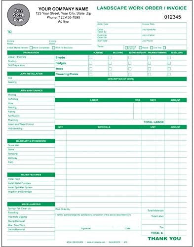 Landscaping Work Order Invoice 3 Copy Triplicate 8 5x11 Personalized 100 Forms