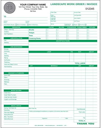 Landscaping Work Order/Invoice, 3 Copy Triplicate, 8.5"x11 ...