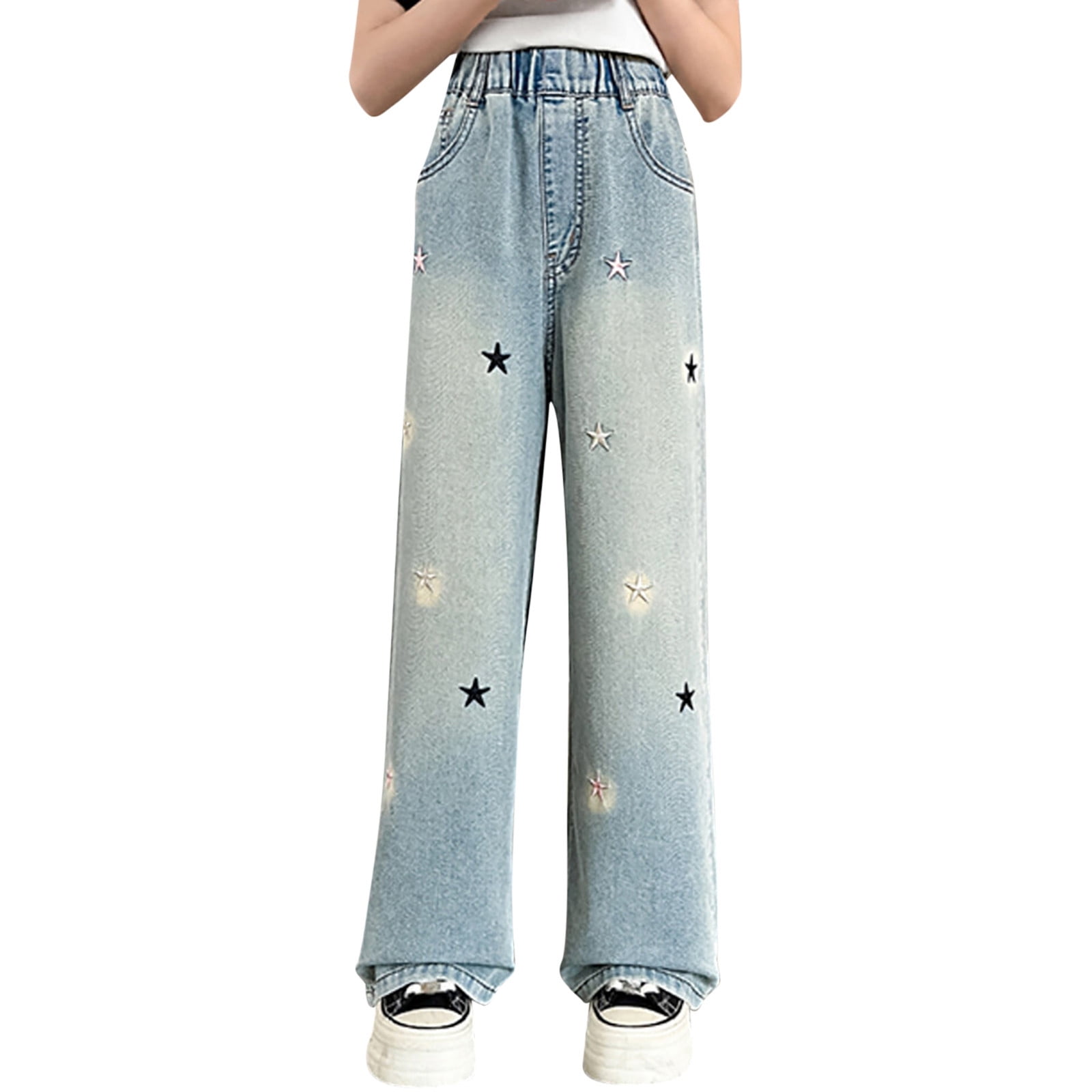 Landzoo Kids Girls Jeans Distressed Elastic Waist Baggy Denim Wide Leg ...