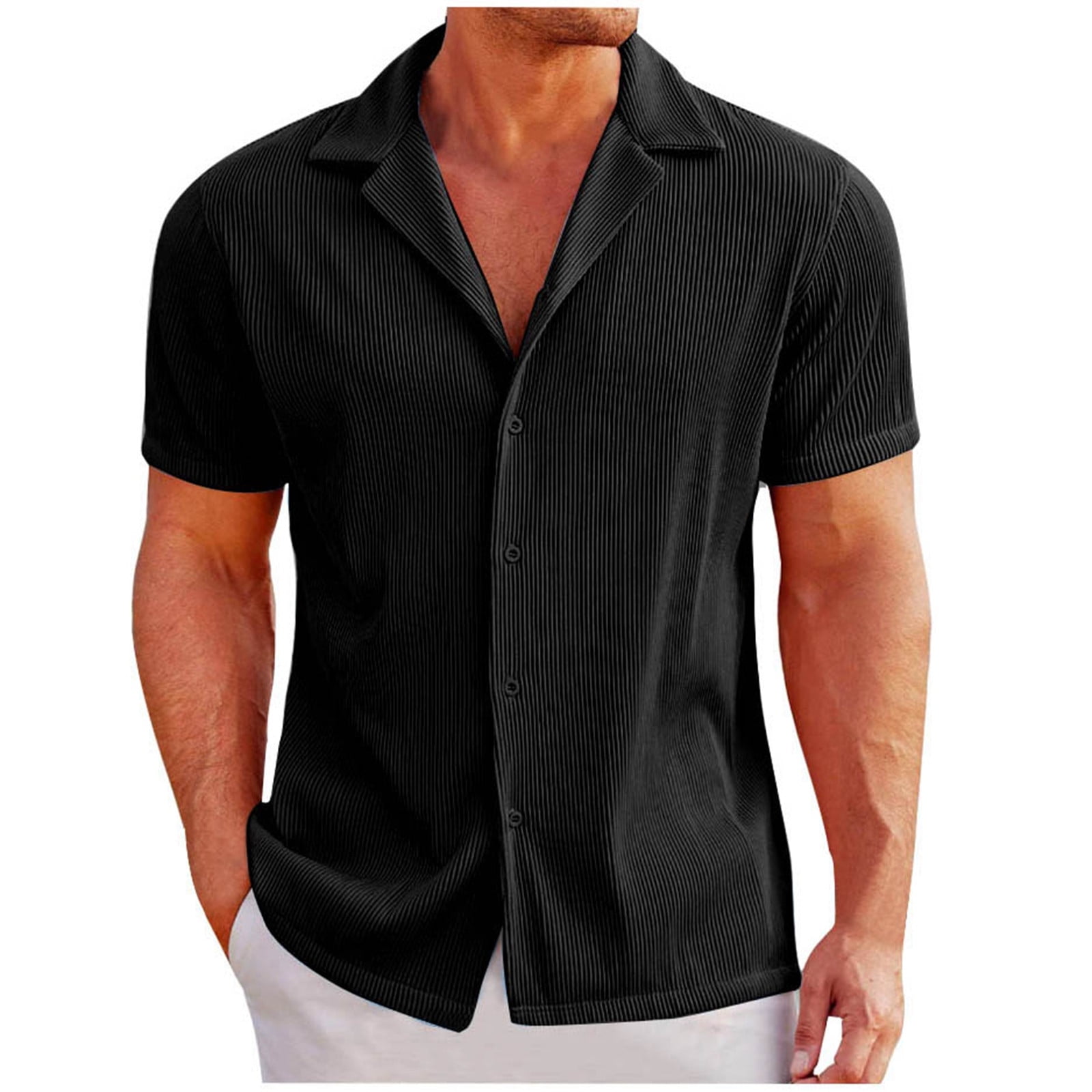 Landzoo Men's Summer Button Up Shirt Short Sleeve Cuban Shirt Knit Slim ...