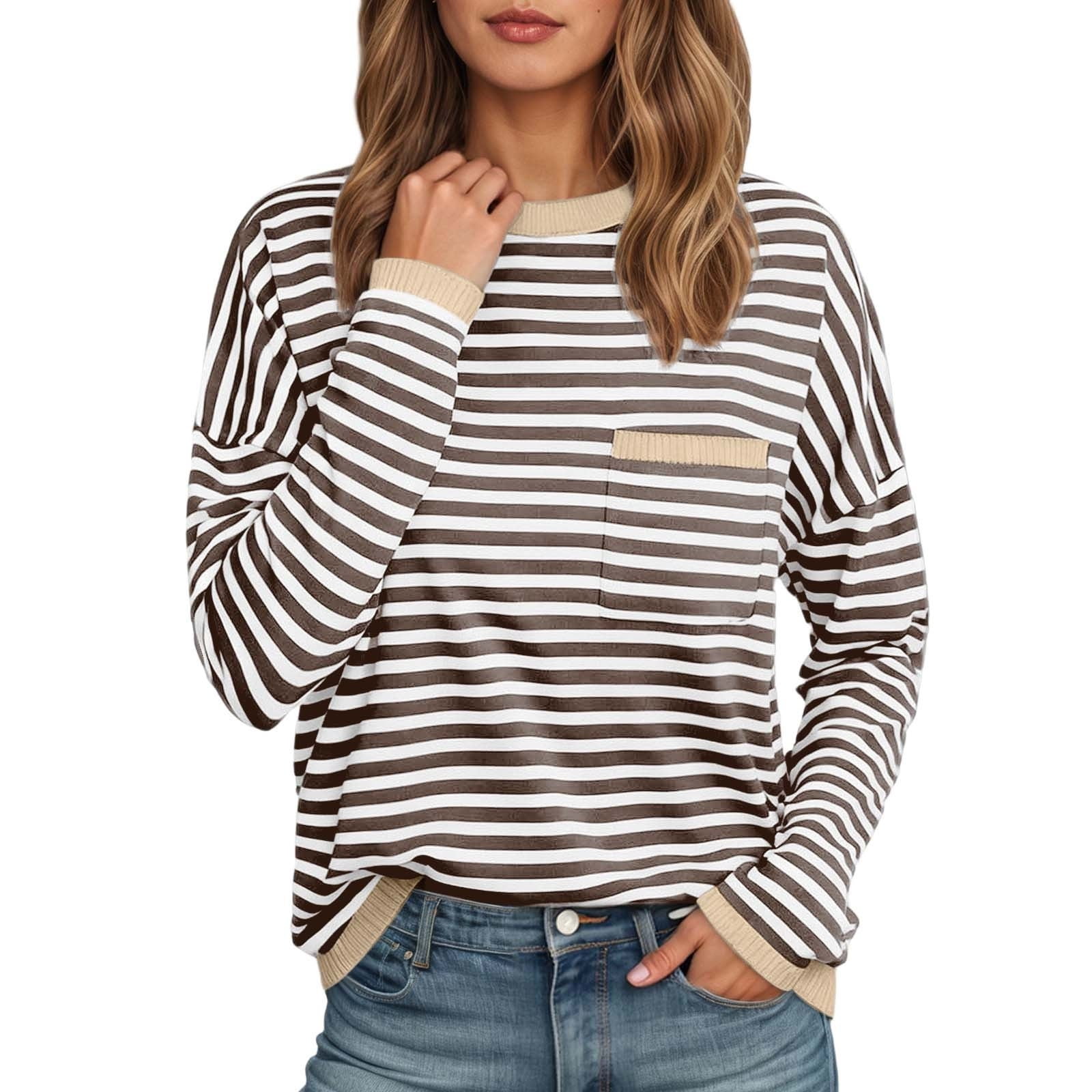 Landzoo One Casual Loose Fit Long Sleeve T Shirt Striped Color Fall ...