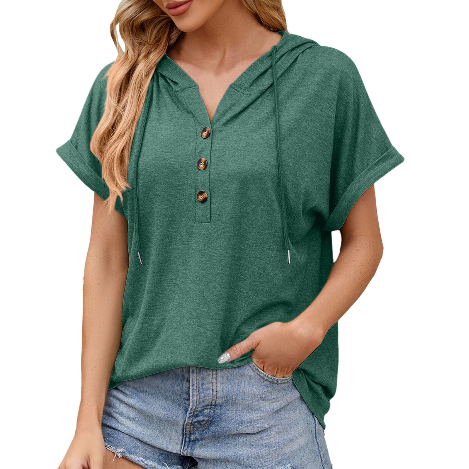 Landzoo One Short Sleeve Summer Loose Shirt Casual T Shirt Drawstring V ...