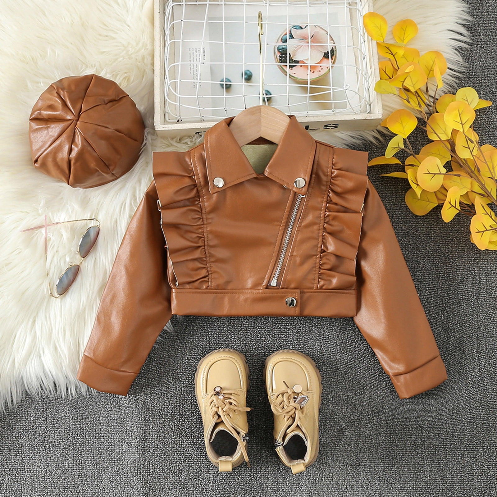 Landzoo Toddler Girls Faux Leather Motorcycle Jacket Cute Ruffle Spring ...