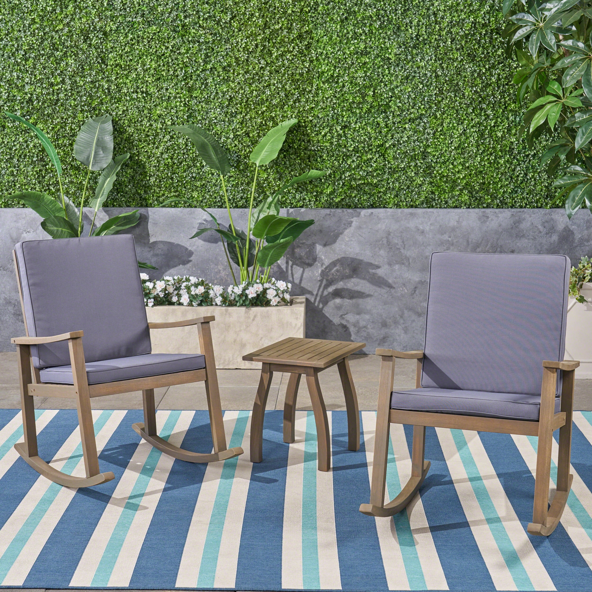 Laney Outdoor 3 Piece Acacia Wood Rocking Conversation Set with ...