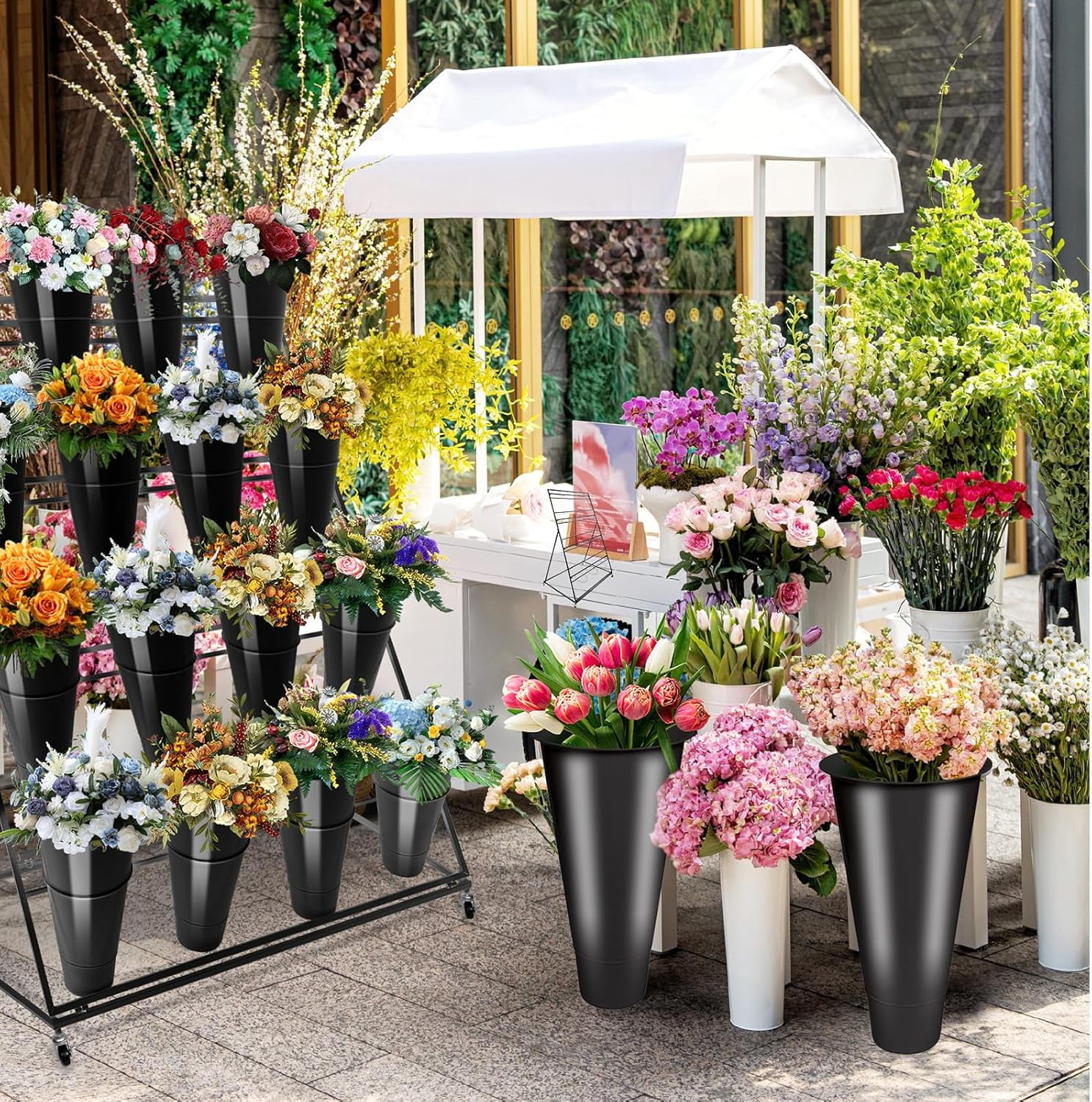 Lanfys 16PCS Buckets 4-Tier Floral Display Stand - Heavy Duty, Mobile ...