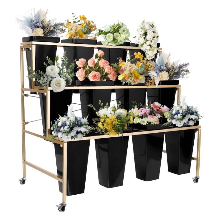 Lanfys 3-Tier Metal Flower Display Stand with 4 Swivel Wheels & 12 Pcs ...