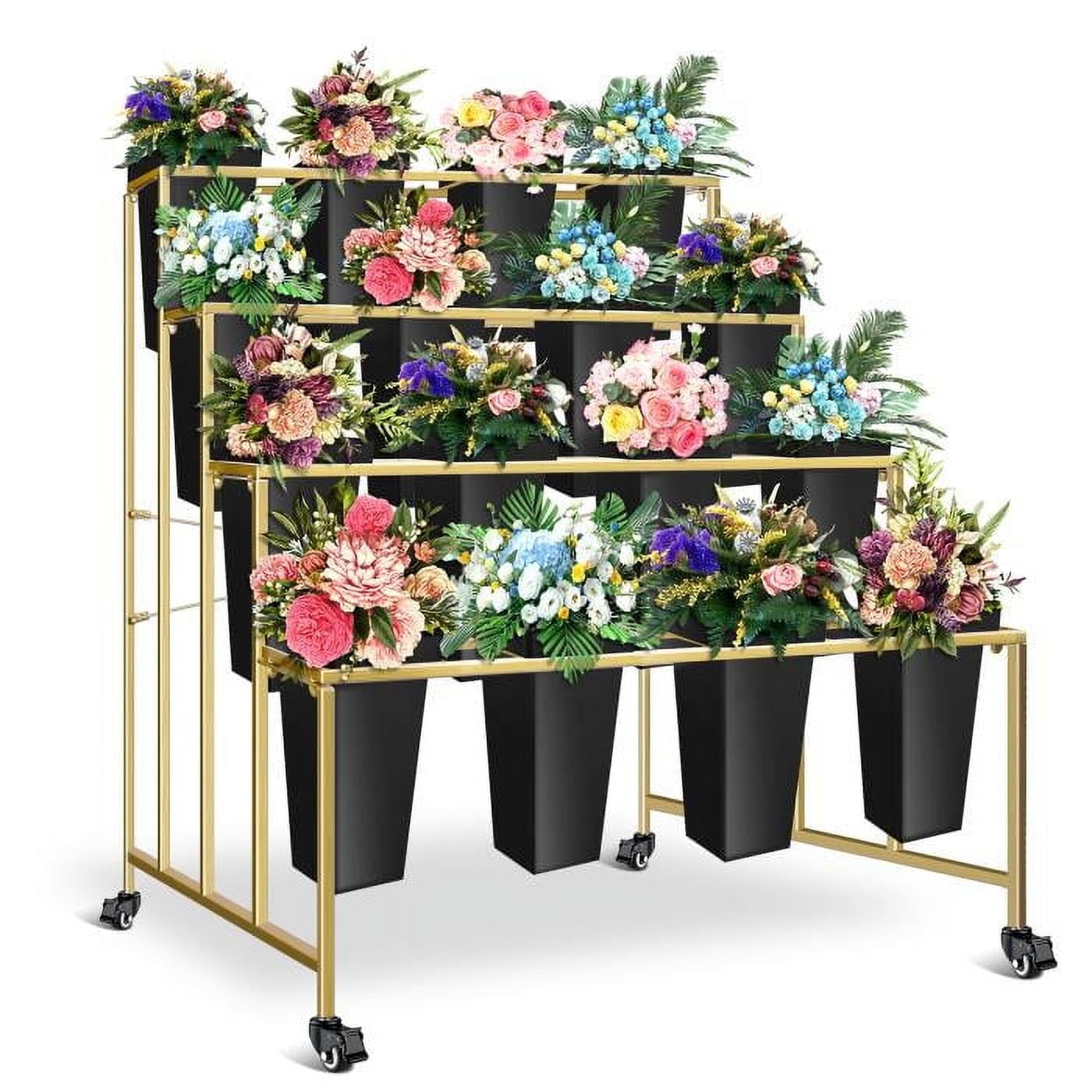 Lanfys 4-Layer Metal Flower Rack with 4 Swivel Wheels & 16 Pcs Black ...
