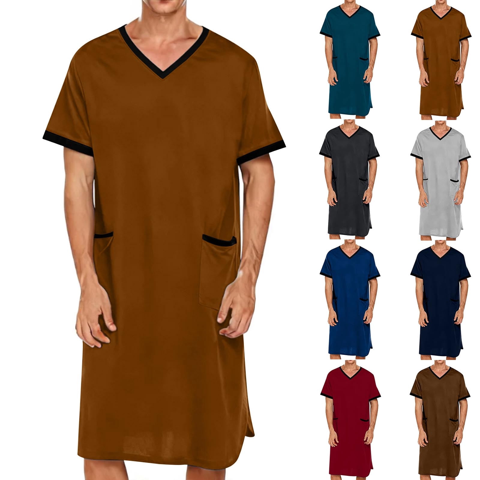 LangJing Men's Nightshirt Short Sleeve Henley Sleep Shirt Casual ...