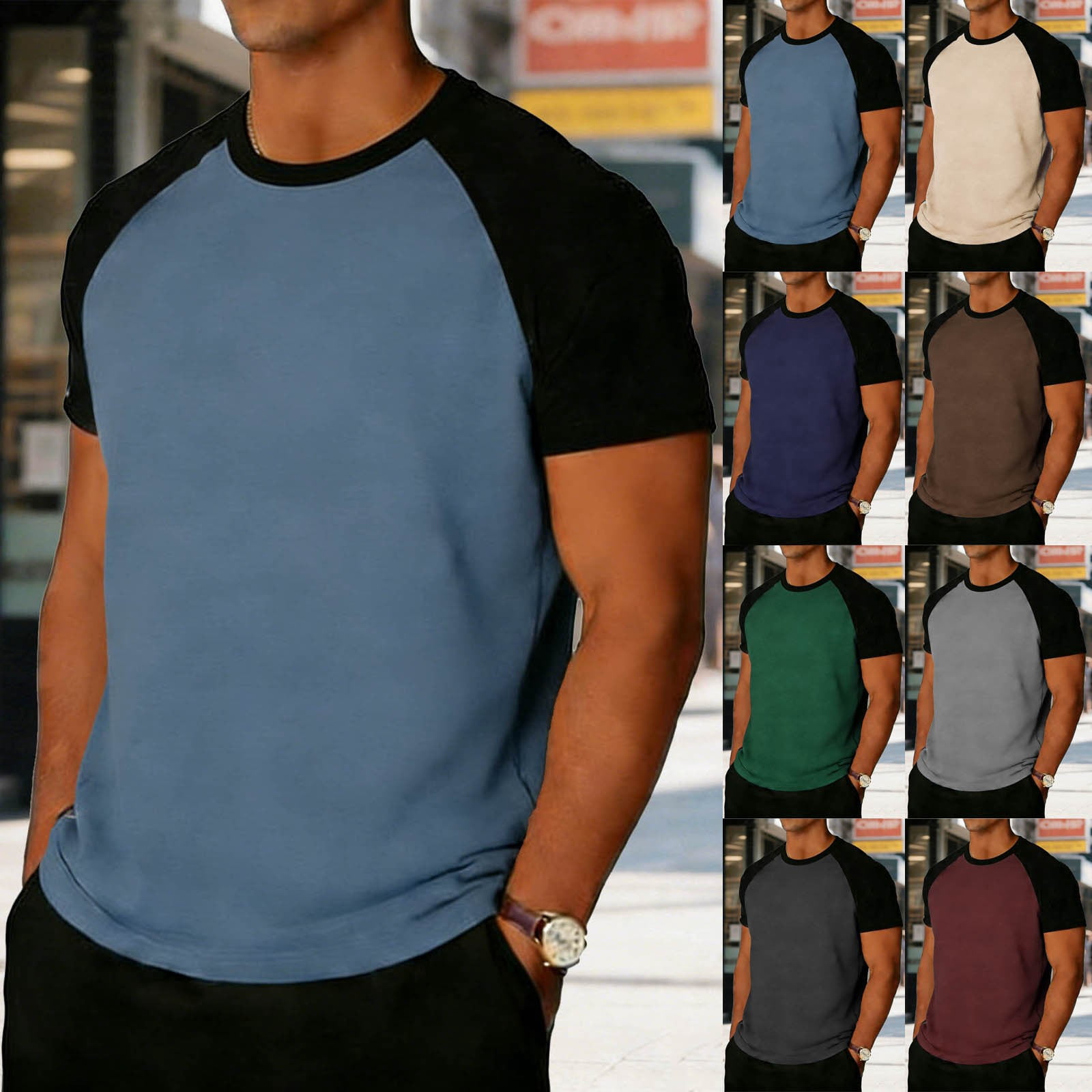 LangJing Mens Crewneck T-Shirt Trendy Raglan Sleeve Workout Shirts ...