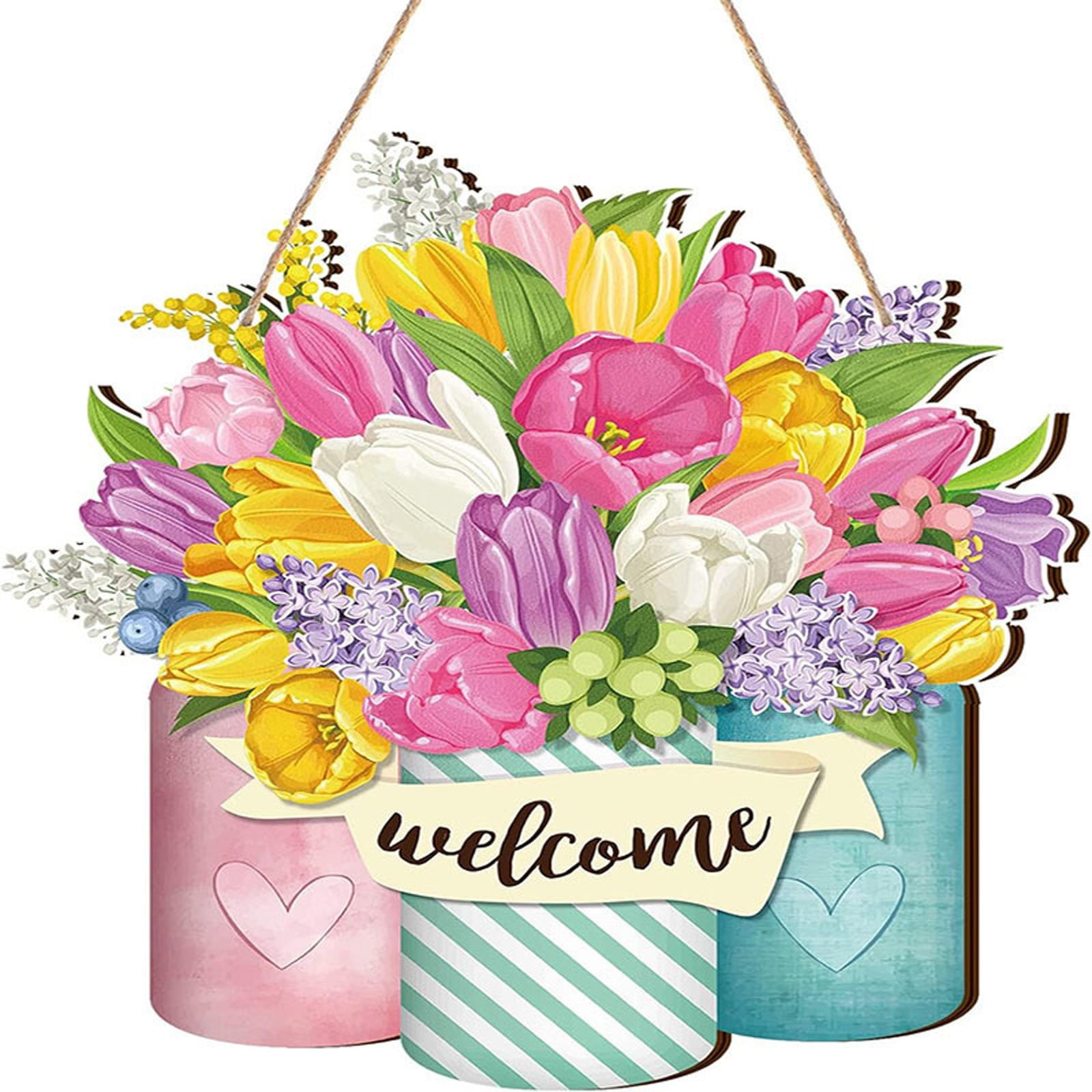 LangPing Spring Flowers Welcome Sign, Wooden Front Door Decoration ...