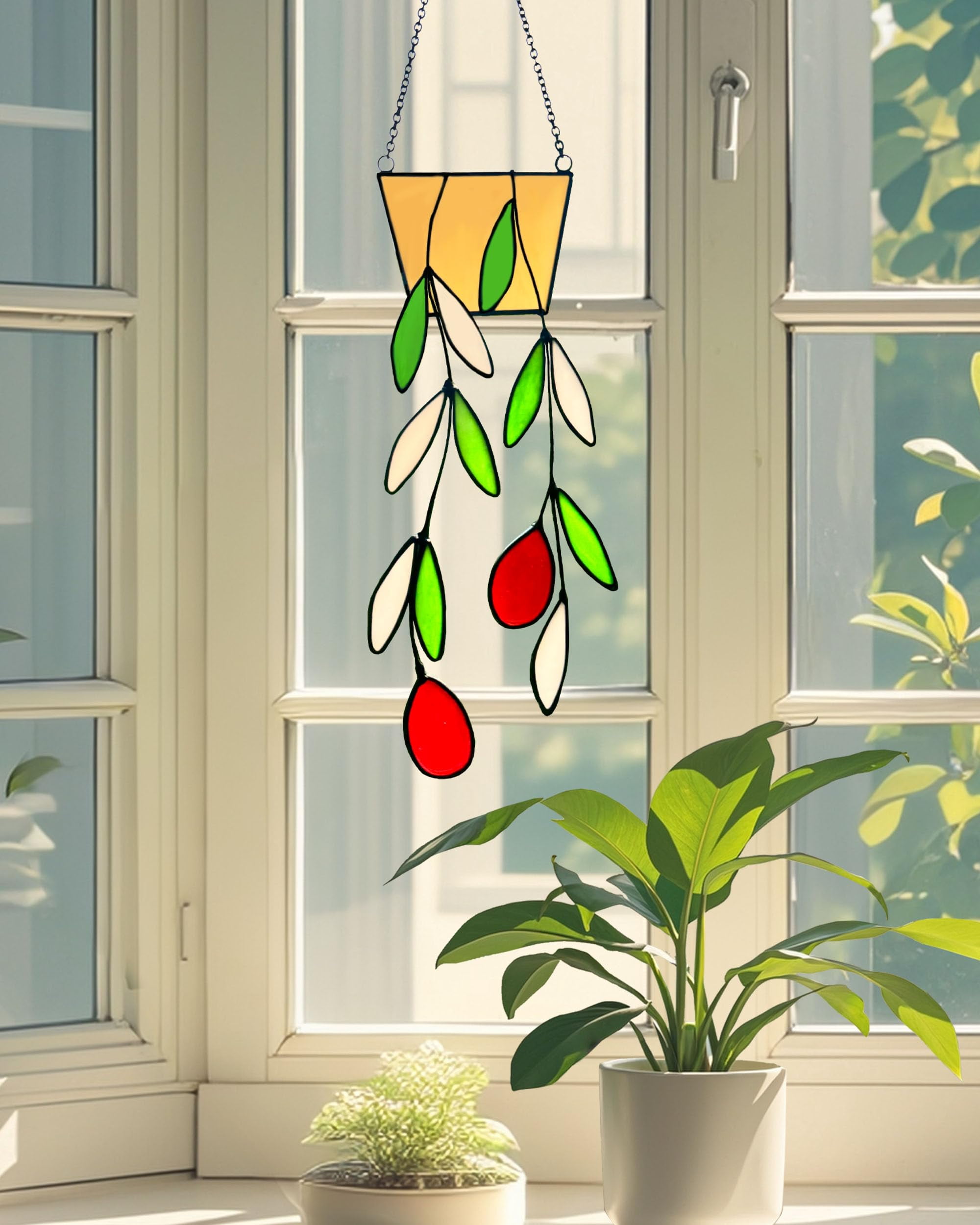 Langodeco Fake Plants Flower Stained Glass Window Hanging, Garden ...