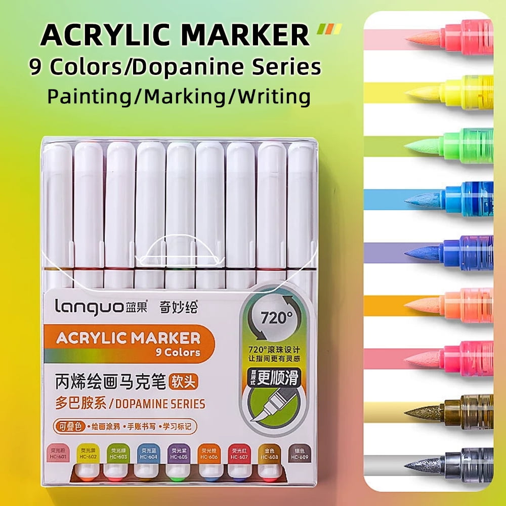 Languo Automatic Ink Control Acrylic Paint Markers, 9 pcs Soft Brush ...