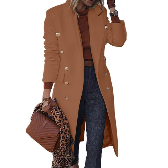 Langwyqu Autumn Casual Double Button Women Long Wool Blend Pea Coat ...