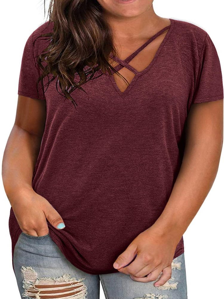 Langwyqu L-5XL Summer V Neck Criss Cross Shirt Women Plus Size Short ...