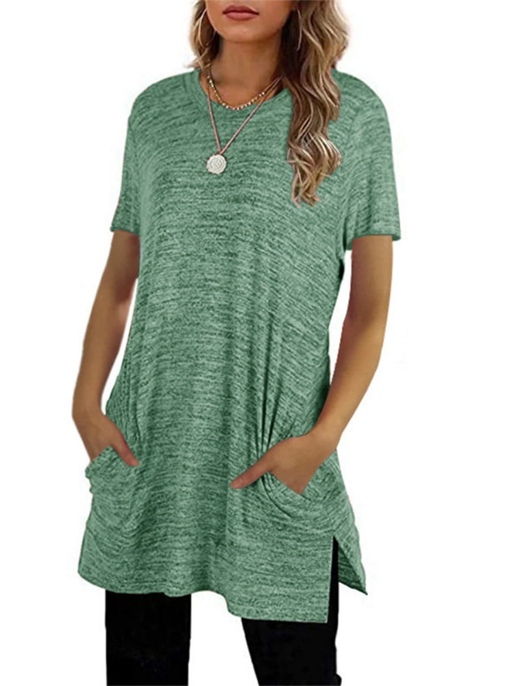 Langwyqu Women's Short Sleeve Solid Casual Long Tunic Tops with Pocket ...