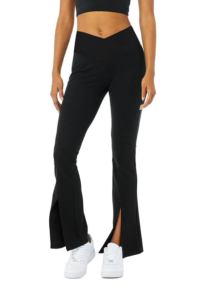 Langwyqu Solid Color Middle Waist Women Low Cut Casual Pants Split V ...