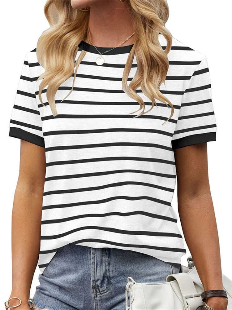 Langwyqu Trendy Summer Short Sleeve Striped T-Shirt, Cute Casual Round ...