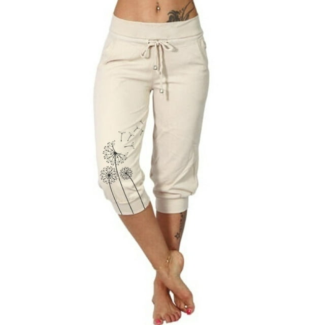 Langwyqu Women Drawstring Capri Yoga Pants Lounge Joggers Pants Knee ...