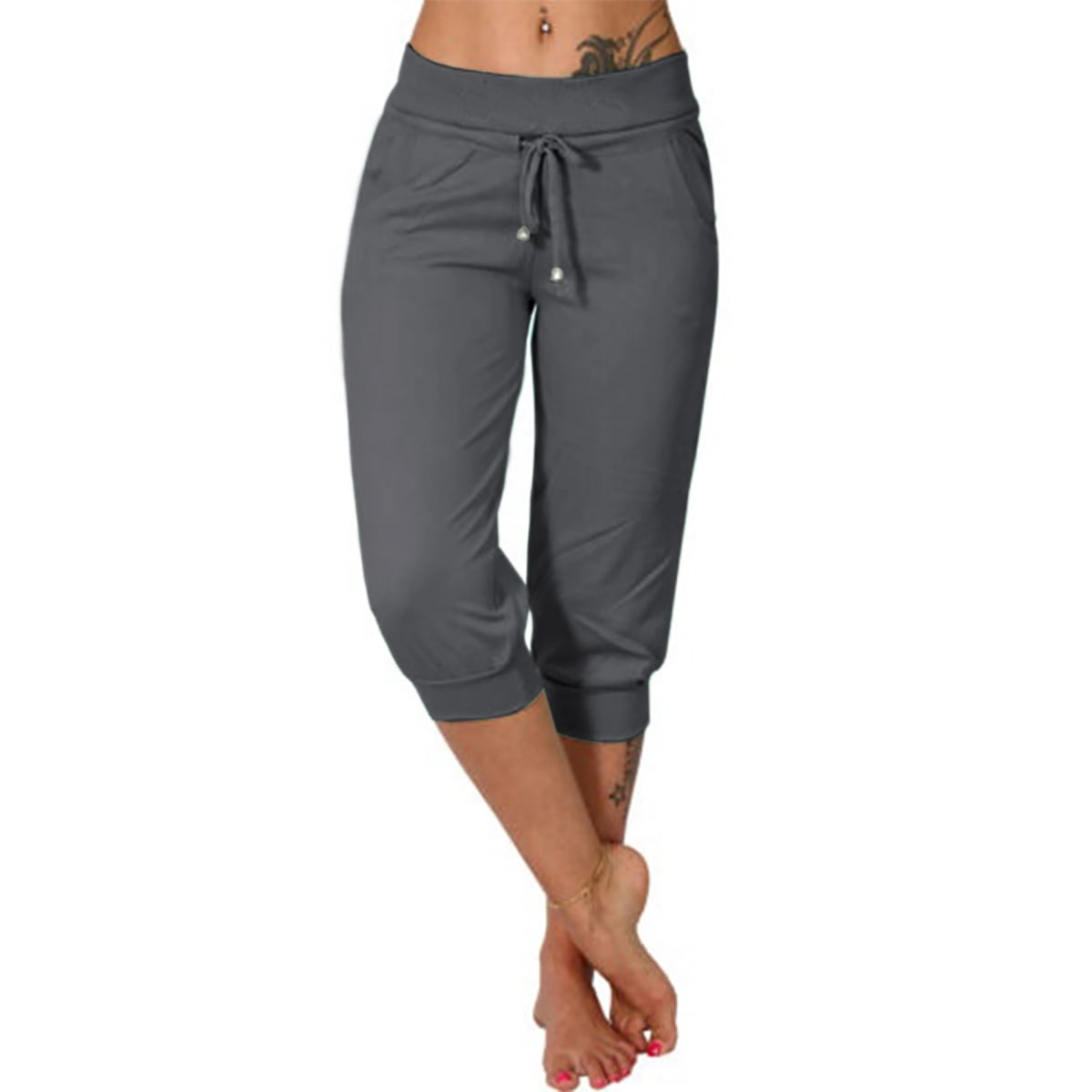 LANGWYQU Women's Drawstring Capri Yoga Pants, Lounge Joggers with ...