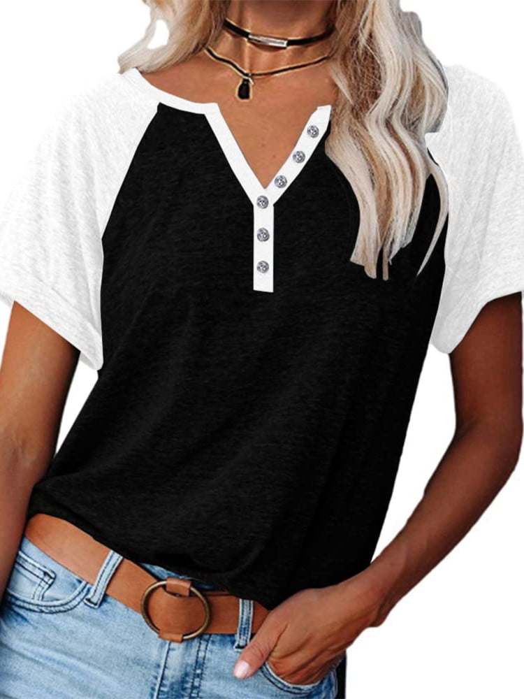 Langwyqu Womens Henley V Neck Raglan Short Sleeve Color Block T Shirts ...