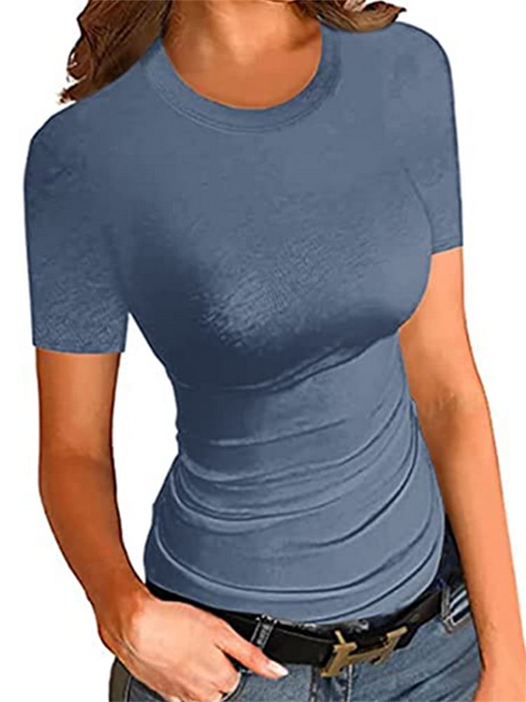 Langwyqu Womens Short Sleeve Ribbed T-Shirt Slim Fit Tops Solid Basic Tee - Walmart.com