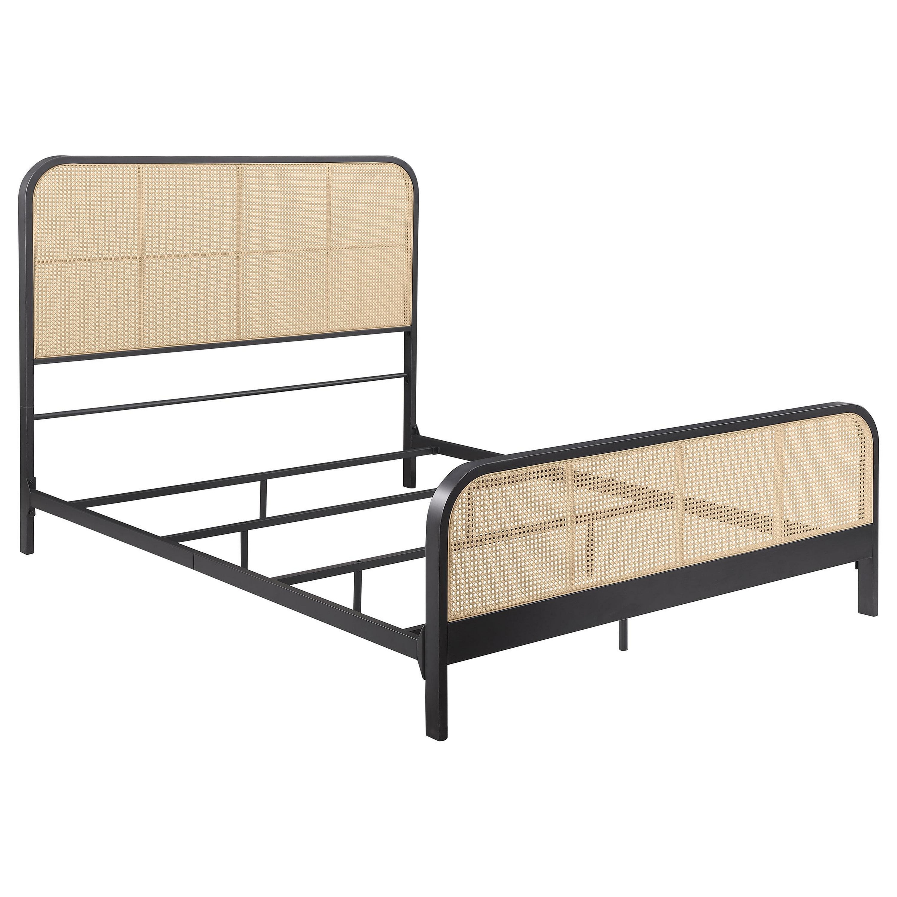Lanie Queen Bed with Brown Open Cane Webbing Faux Rattan, Black Metal ...