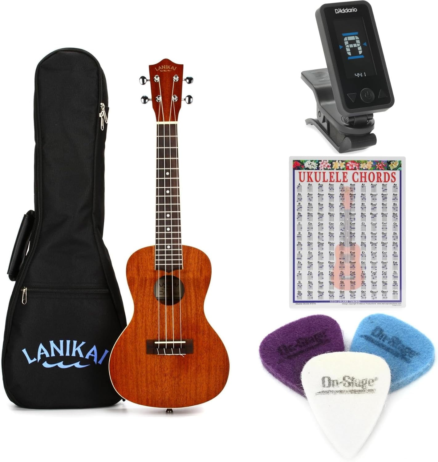 Lanikai MA-C Mahogany Ukulele Bundle - Concert, with Gig Bag, Clip-On ...