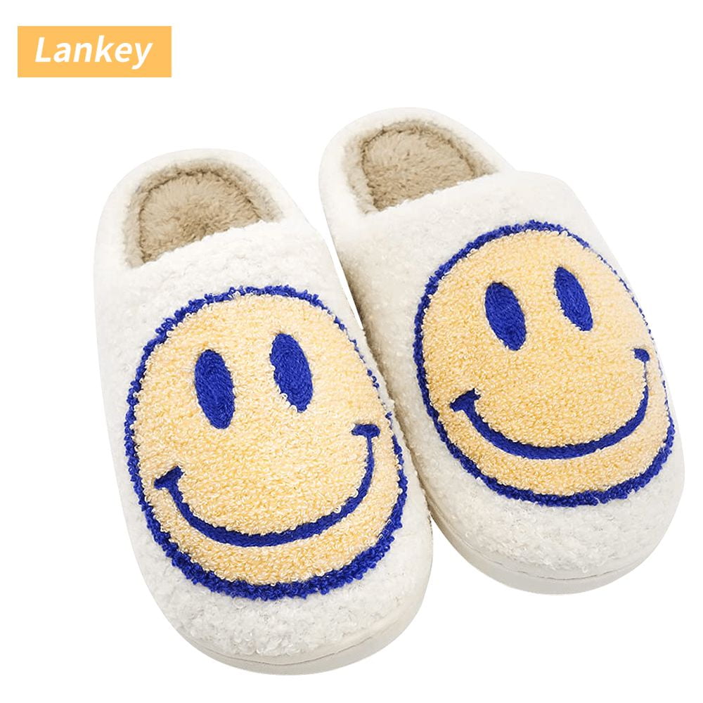Lankey Fuzzy Smiley Face Slippers for Women Men, Plush Cotton Indoor ...