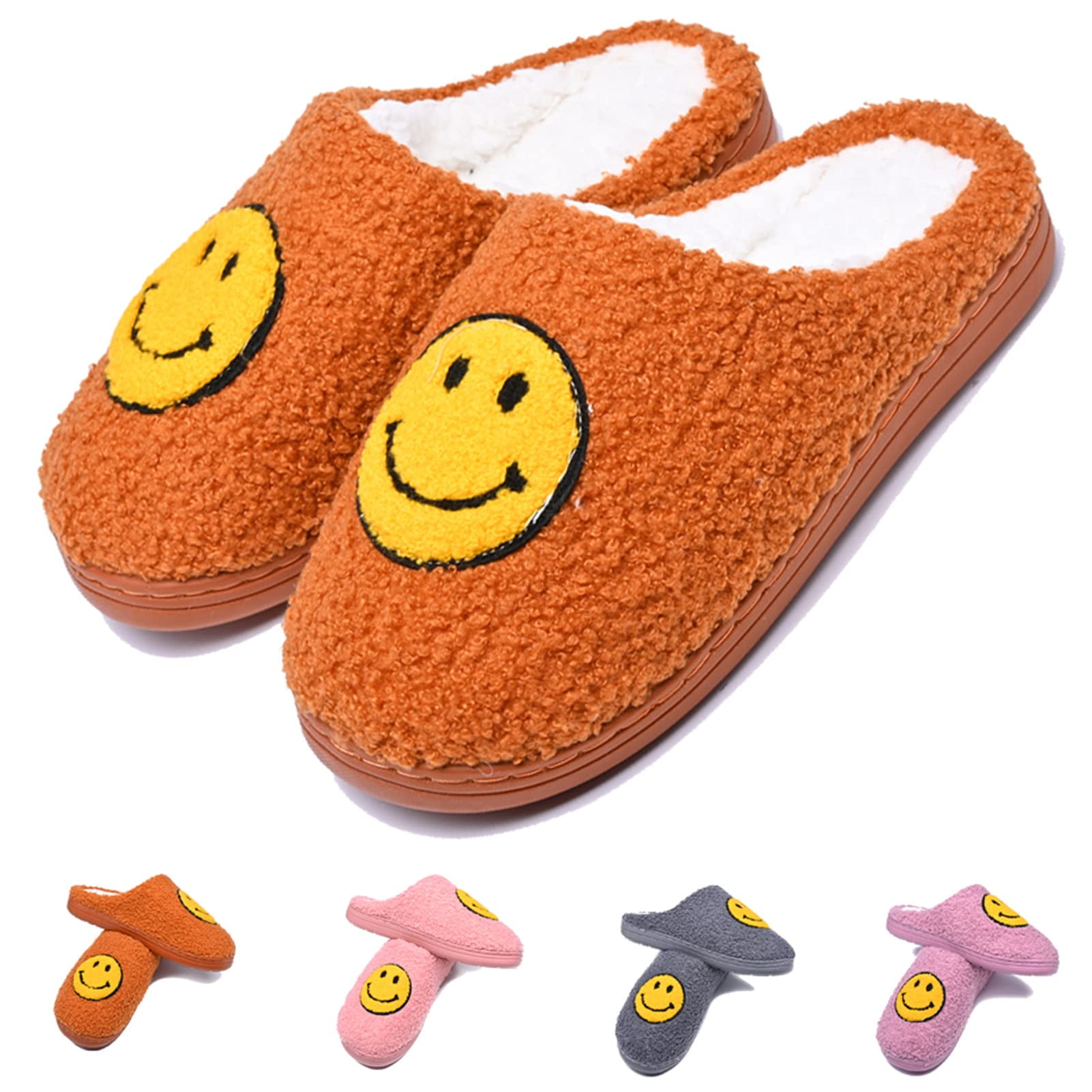 No Wind and No Waves, Retro Kawaii Plush Fur Smiley Face Slippers for ...