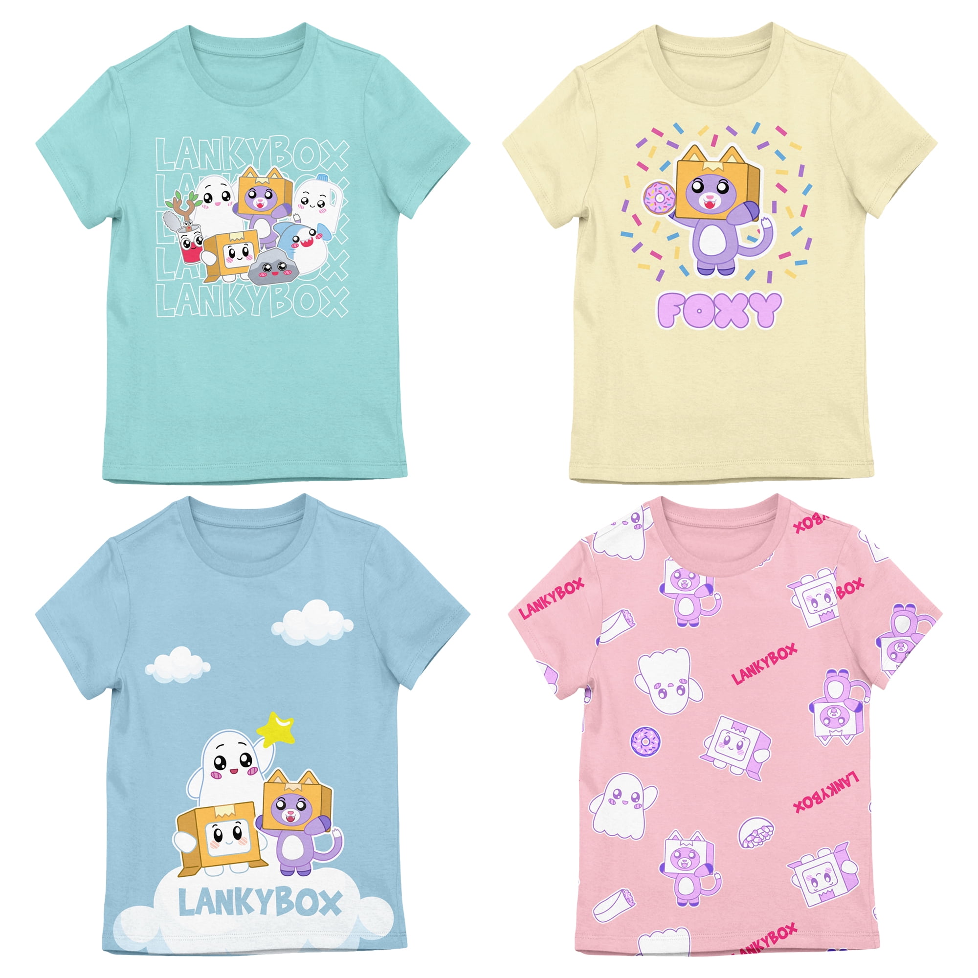 Lanky Box Confetti Clouds & Character Art Girl's 4-Pack Crew Neck Short ...