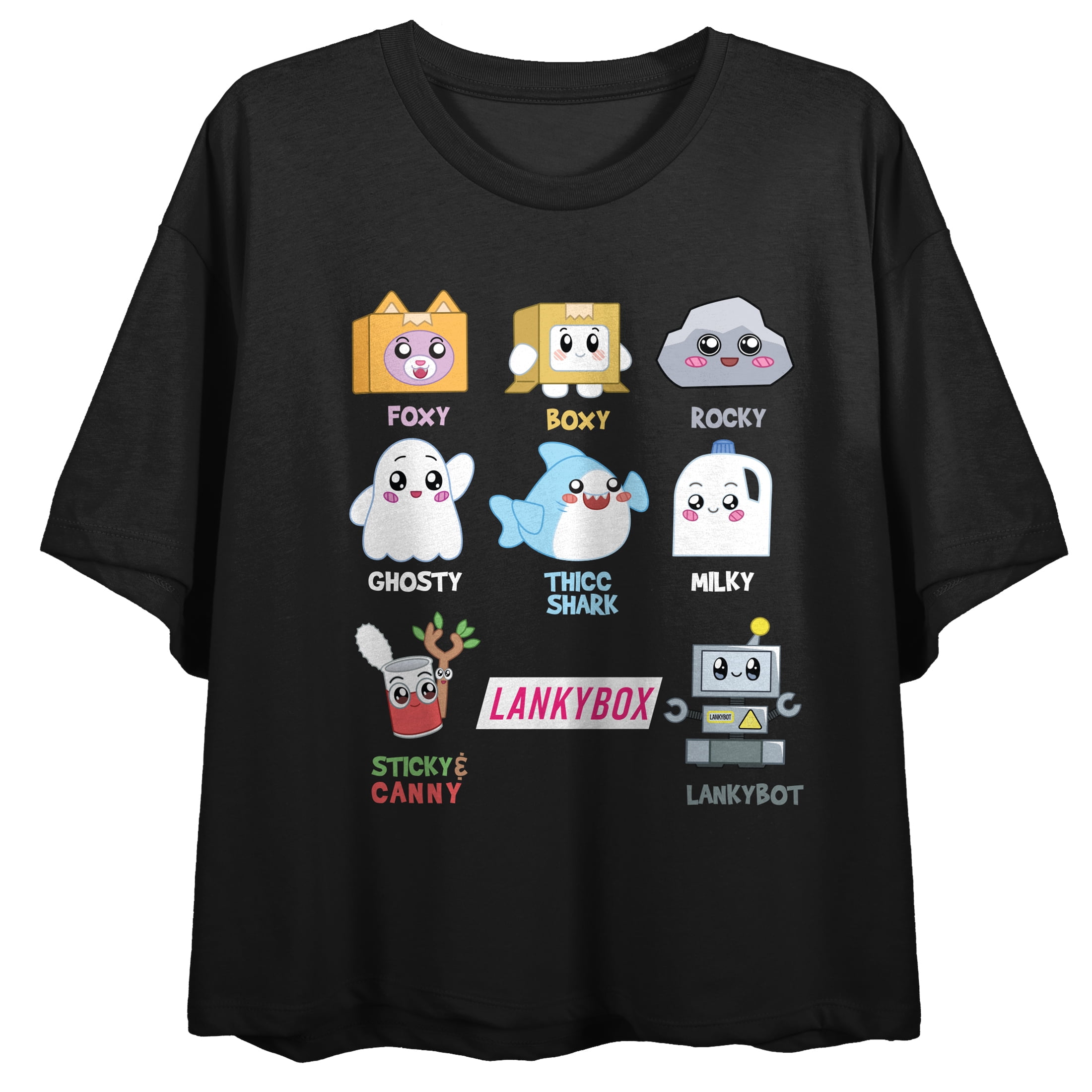 LankyBox Stacked Characters Crew Neck Short Sleeve Women's Black Crop ...