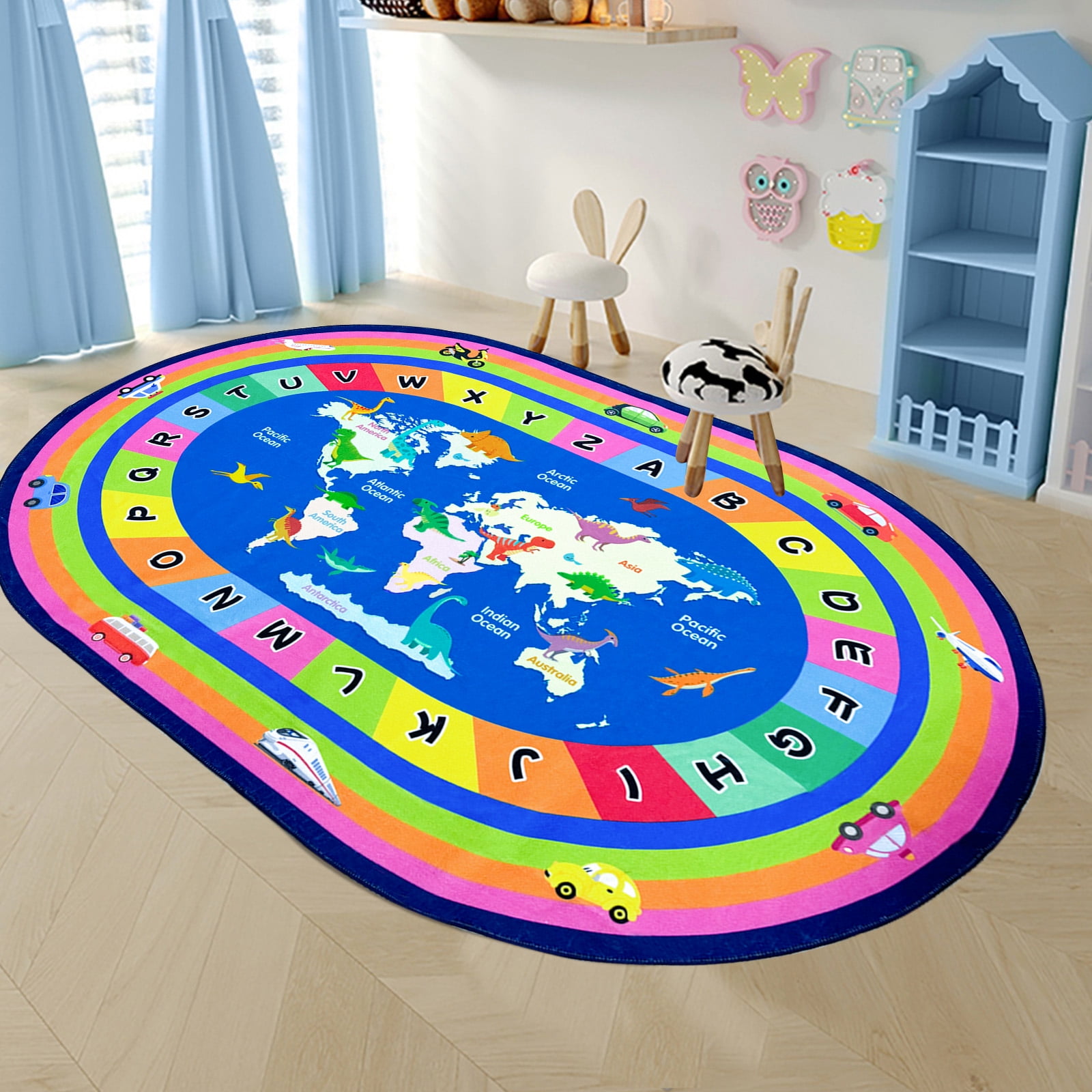 Lanpei ABC Kids Rug 5x8Ft Dinosaur World Map Play Mat Rainbow Road Car ...