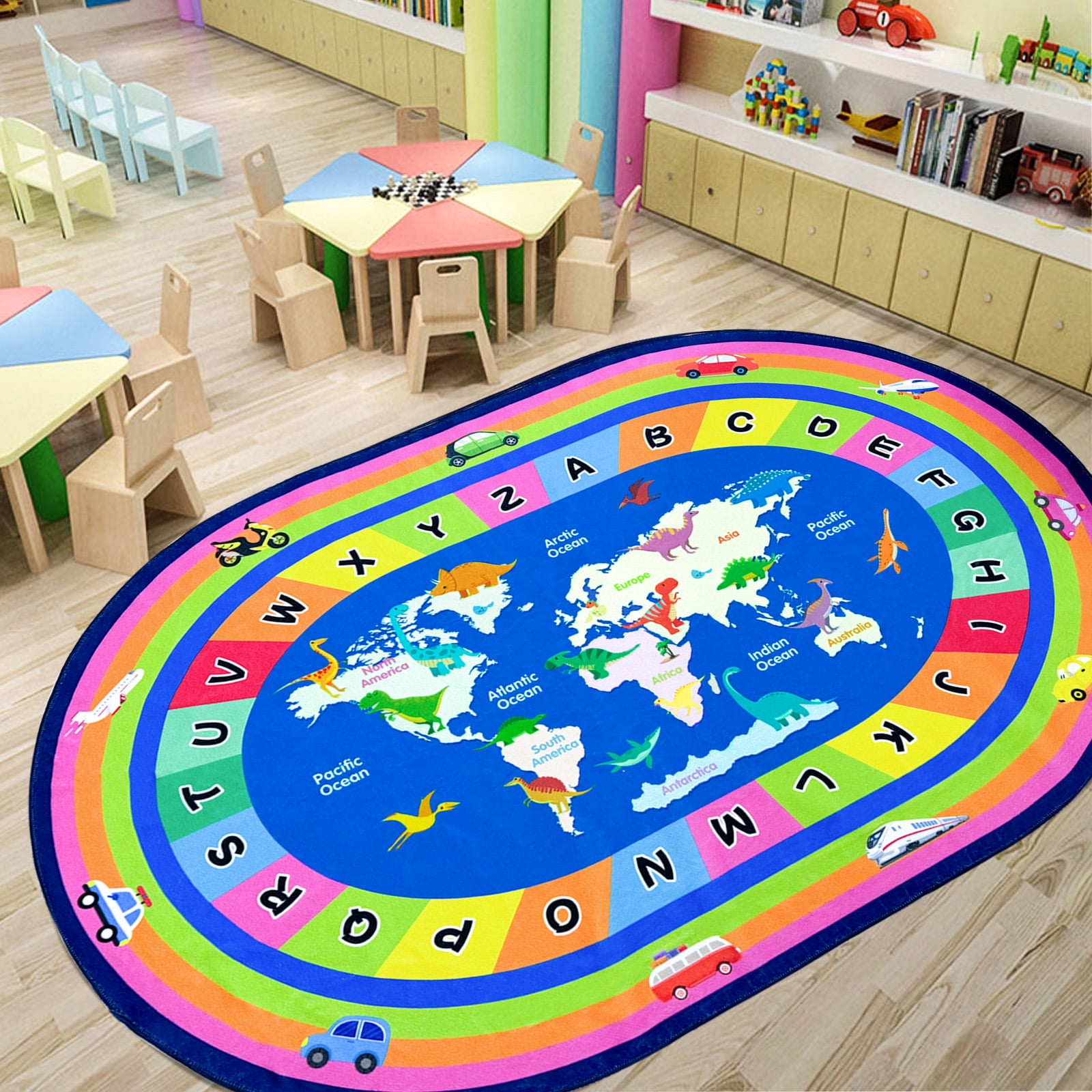 Lanpei ABC Kids Rug 5x8Ft Dinosaur World Map Play Mat Rainbow Road Car ...