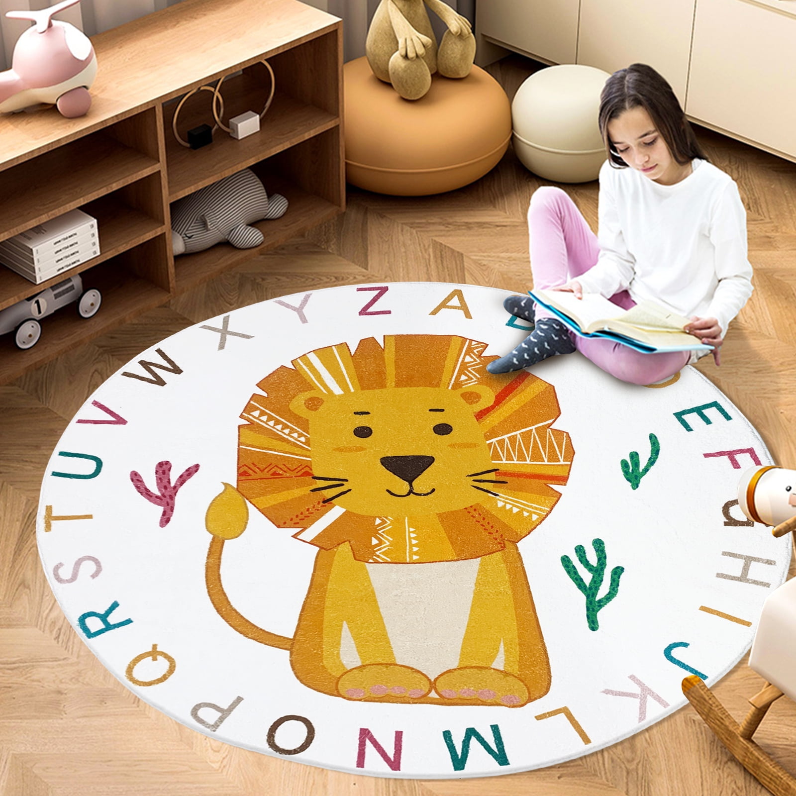 Lanpei ABC Lion Rug Carpet 4Ft Round Boho Jungle Animal Play Mat Circle ...