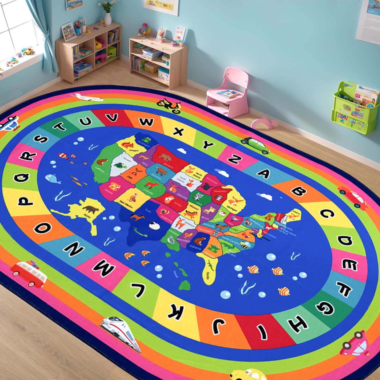 Lanpei Classroom Rug Playmat 7x10Ft Large ABC Car Road Carpet US Map ...