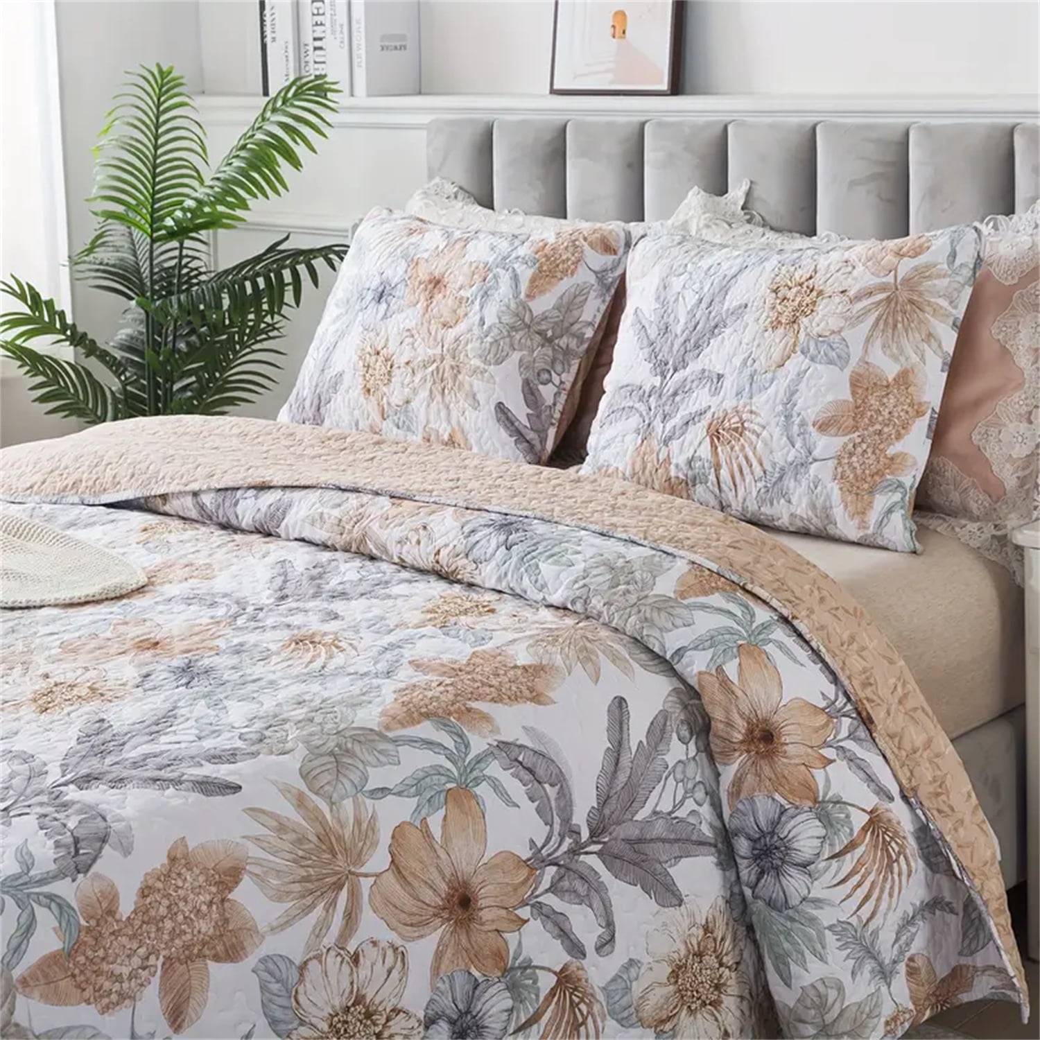 Lanpei Tropical Plant Bedspread Set 3-Piece King, Orange Cotton Quilt ...