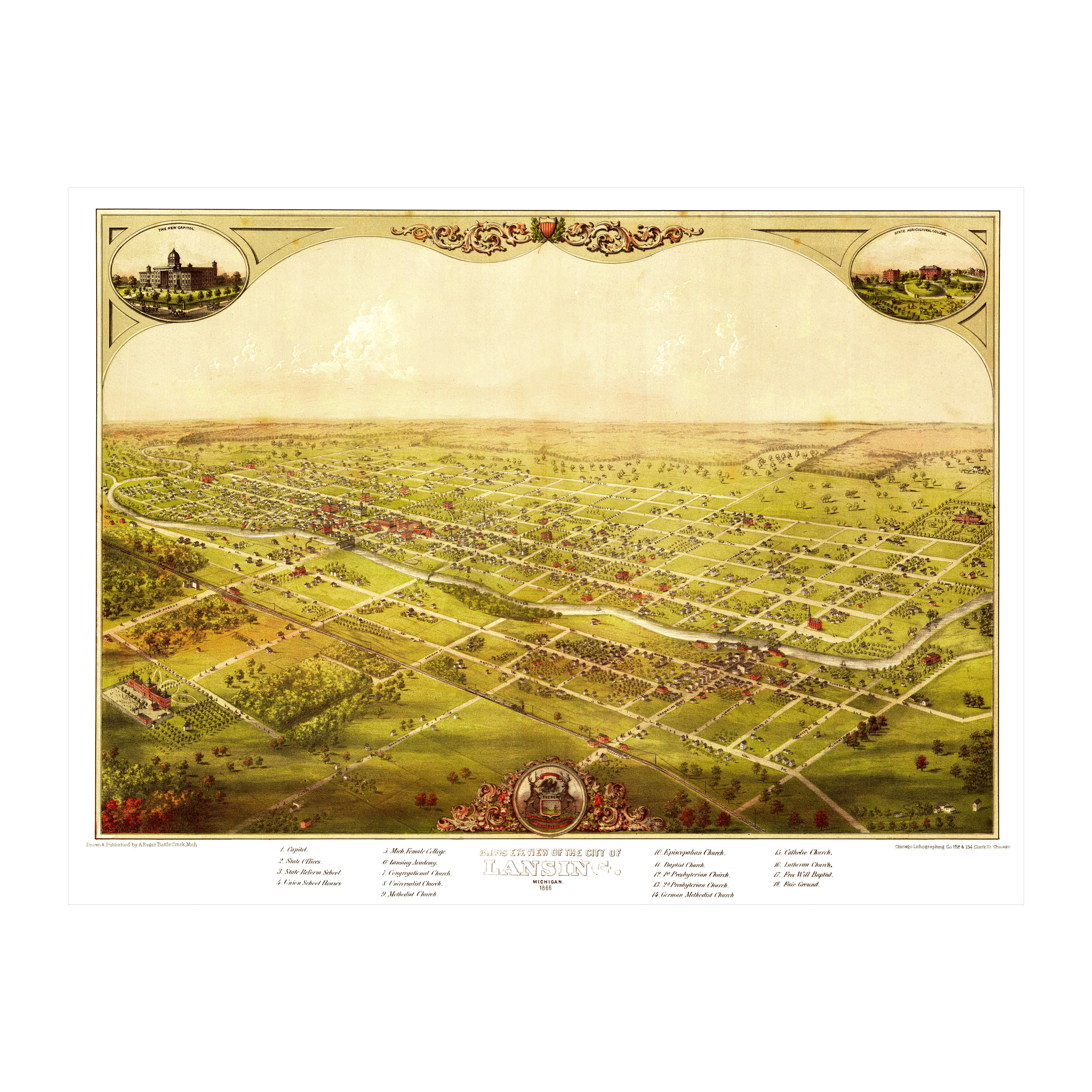 Lansing Art, 1866 Vintage Map of Lansing Michigan, MI History Wall ...