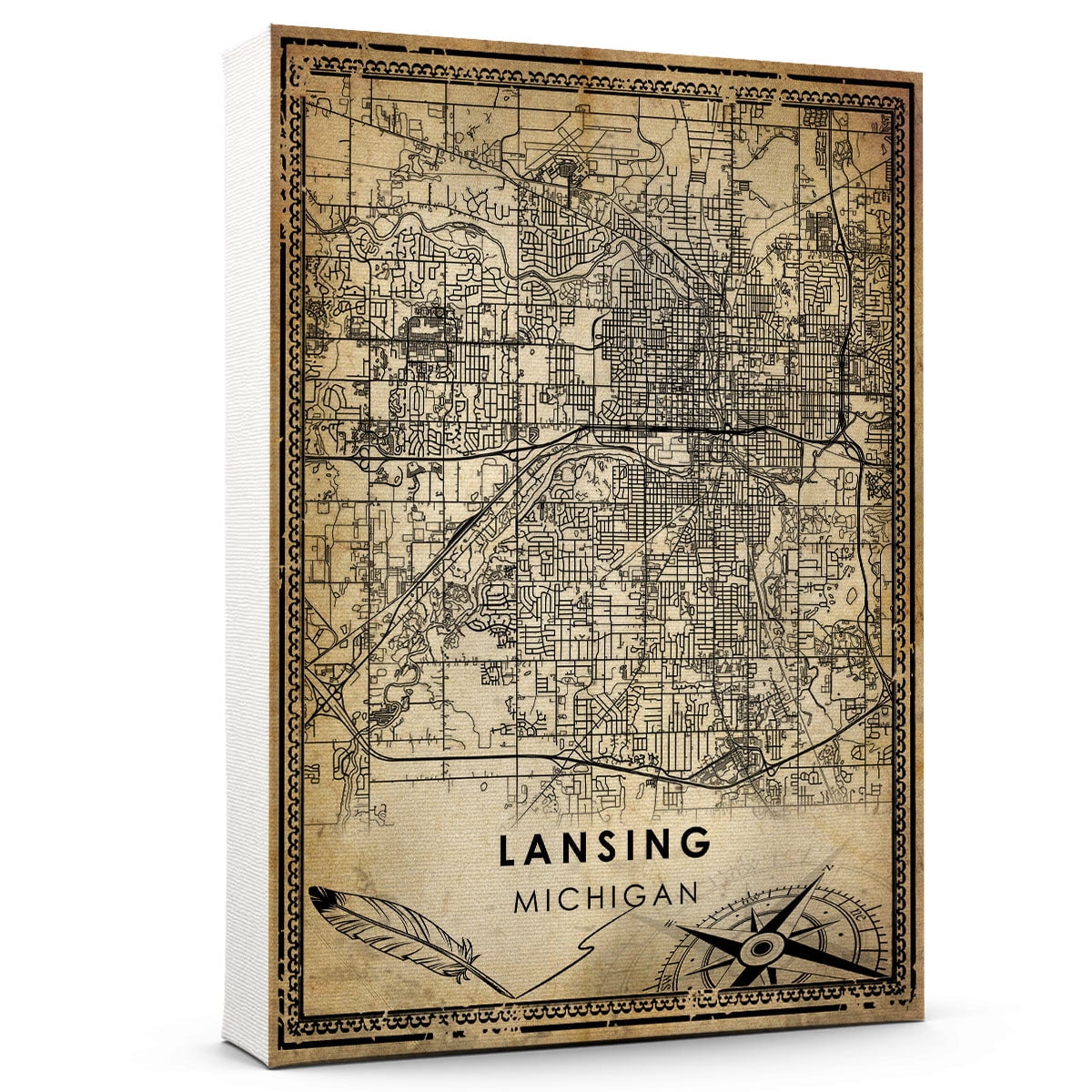 Lansing Vintage Map Prints Canvas, Michigan Map Art Canvas, Canvas ...