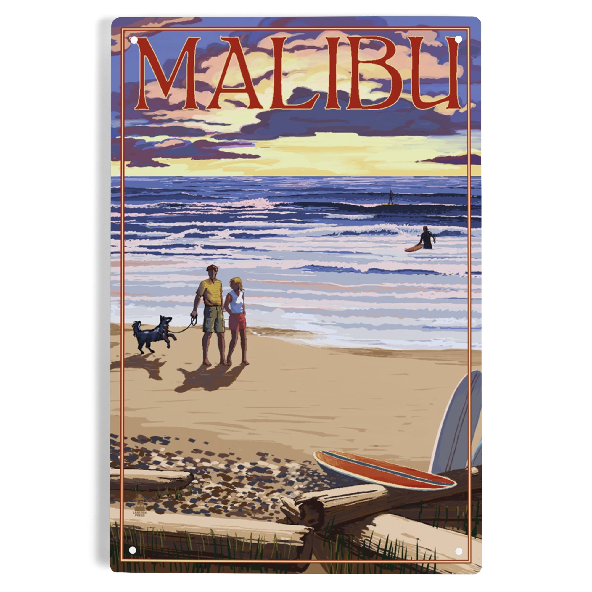 Lantern Press 6x9 Inch Metal Sign, Malibu, California, Beach Scene and ...