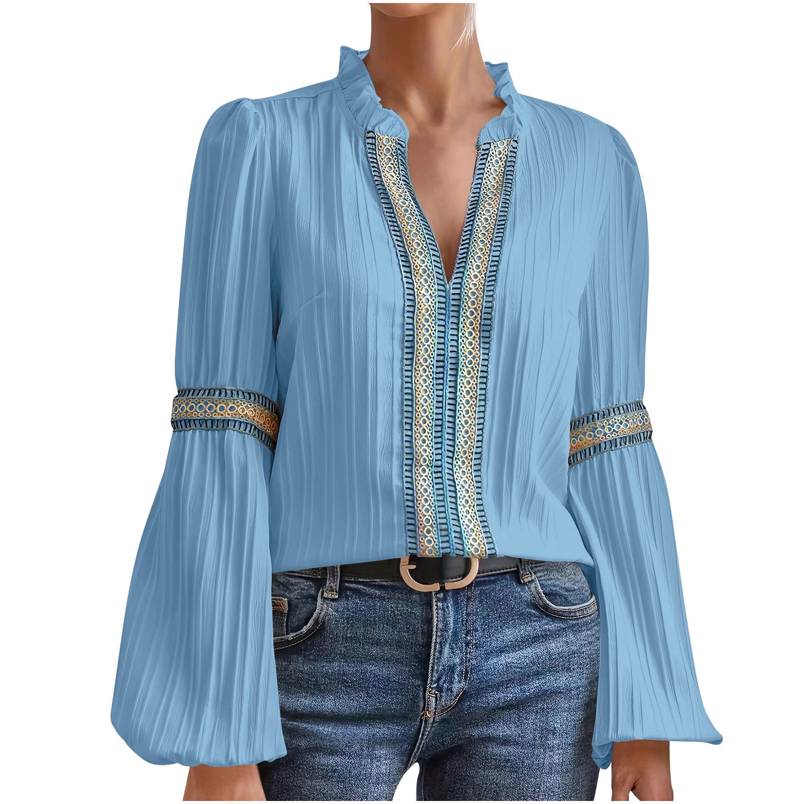 Lantern Sleeve Shirts for Womens Ruffle Trim V Neck Boho Tops Vintage ...