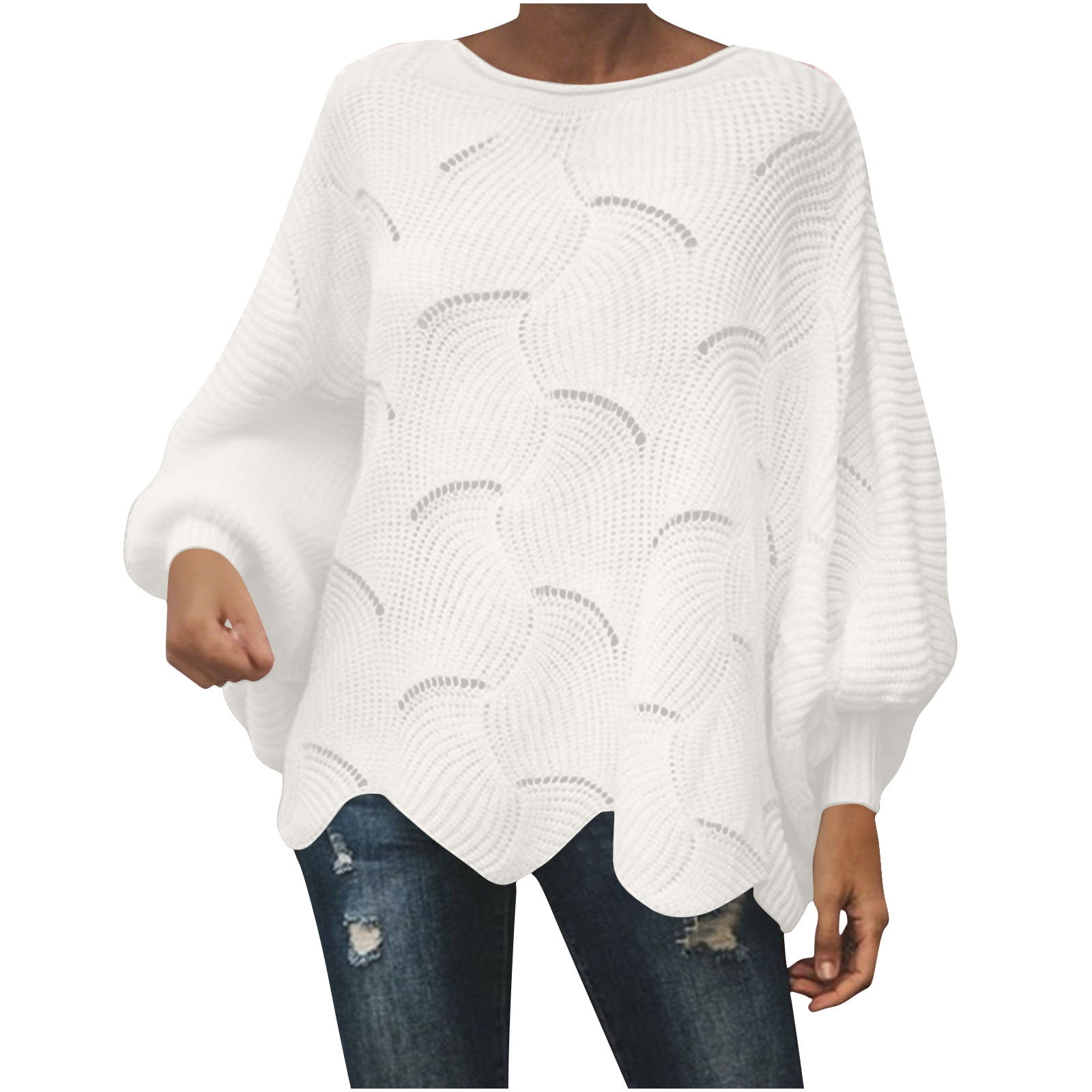 Lantern Sleeve Sweaters for Women Knit Openwork Pattern Pullovet Tops ...