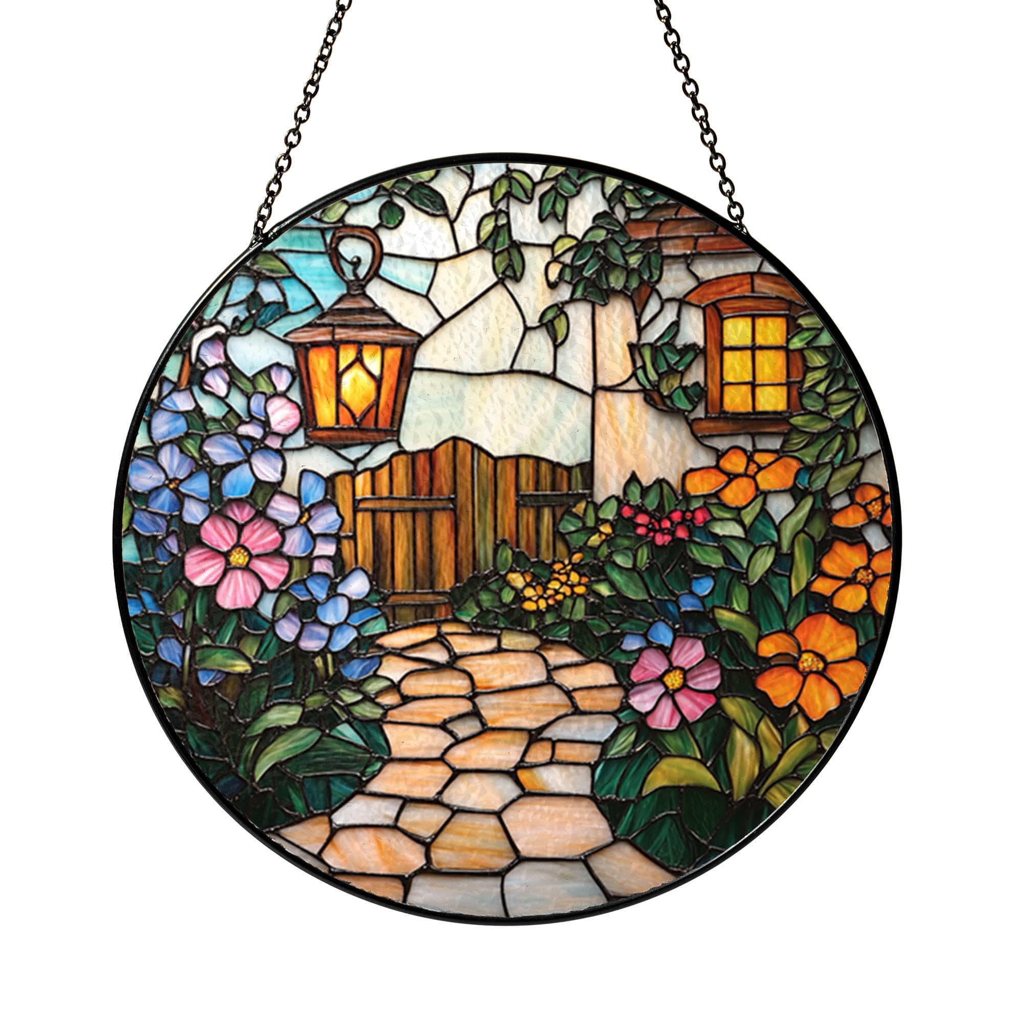 Lantern and Gate Garden Path Round Suncatcher, Stained Glass Style ...