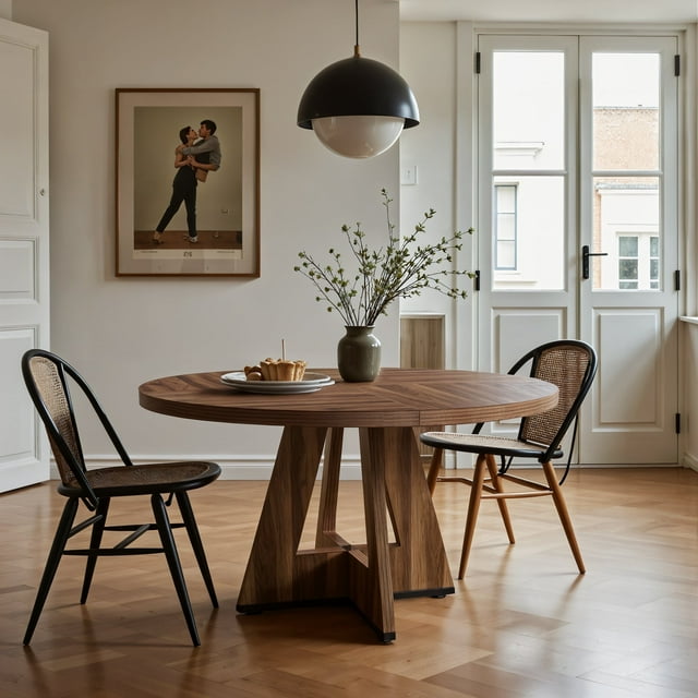 Lantine 47" Round Dining Table for 4 People, Modern Farmhouse Wooden Kitchen Table, Walnut ...