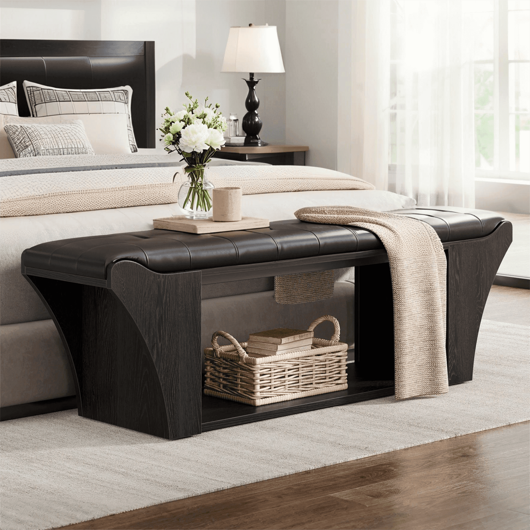 Fnova 57" Modern Entryway Bench with Leather Padded Seat, Long Black ...